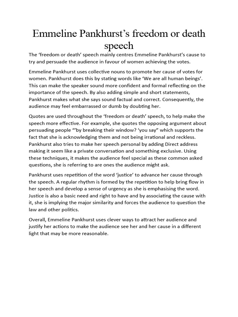 Emmeline Pankhurst HW PEA Freedom or Death Speech | PDF