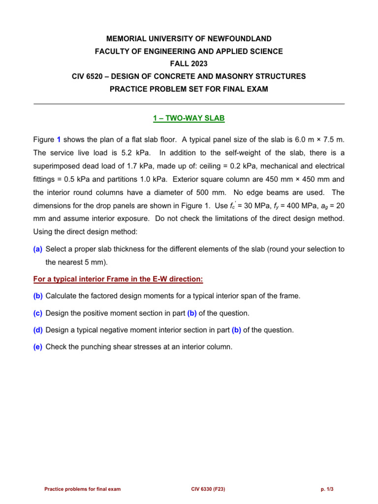 6520-F23 Practice Problems For Final Exam (Two-Way Slab & Footings) | PDF