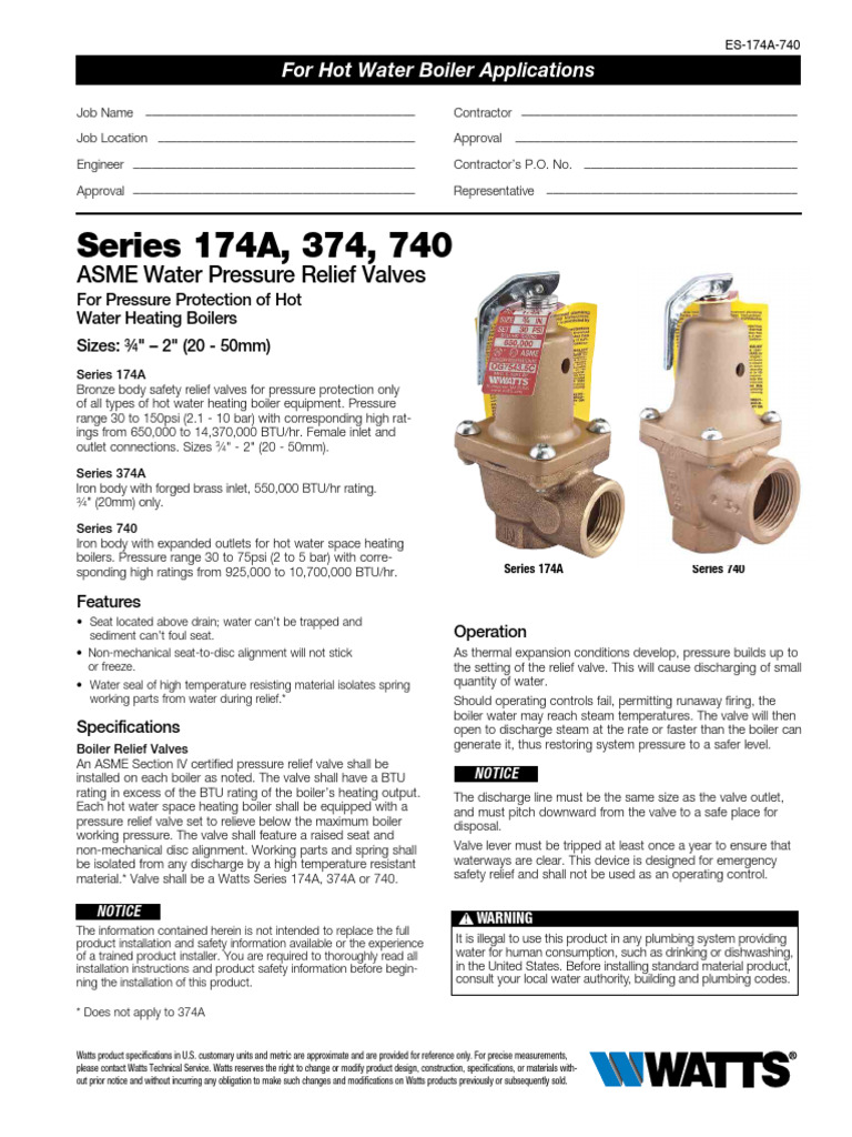 Series 174A, 374, 740: ASME Water Pressure Relief Valves | PDF