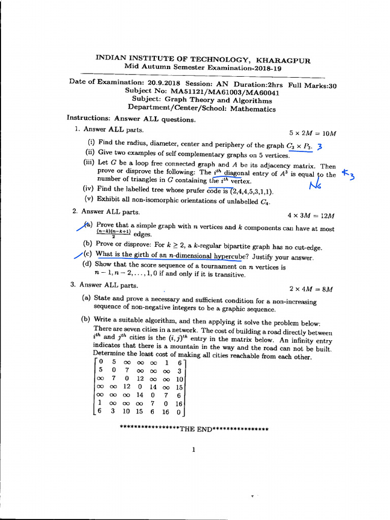 MA51121 MA61003 MA60041 Graph Theory and Algorithms | PDF