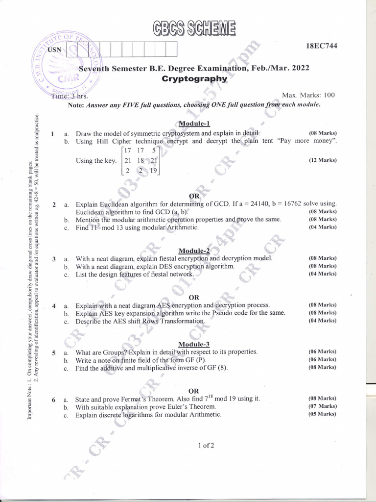 VTU Exam Question Paper With Solution of 18EC744 Cryptography March ...