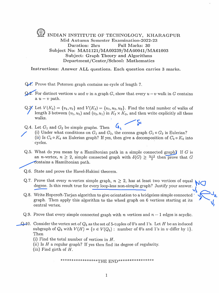 Mid Sem - Graph - Theory - and - Algorithms - MA - 2022 | PDF