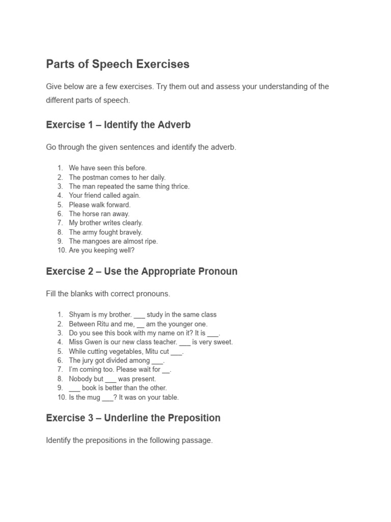 Parts of Speech Exercises | Download Free PDF | Language Mechanics | Linguistic Morphology