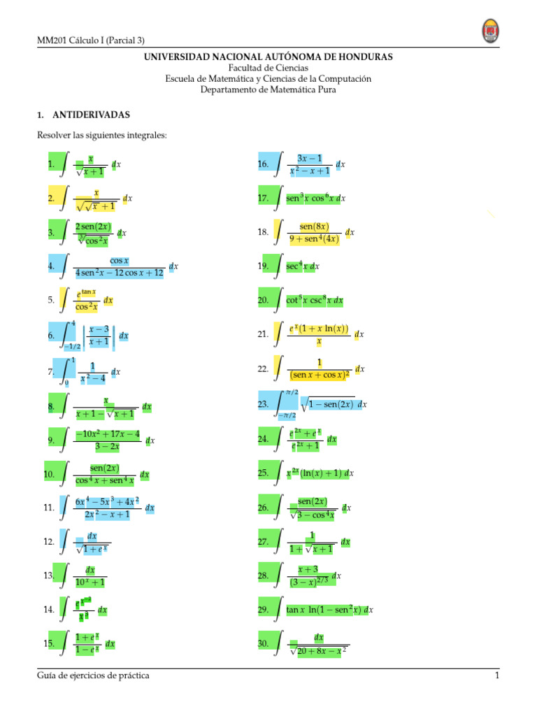 Guía de Ejercicios de Práctica Parcial 3 MM201 Cálculo I | PDF