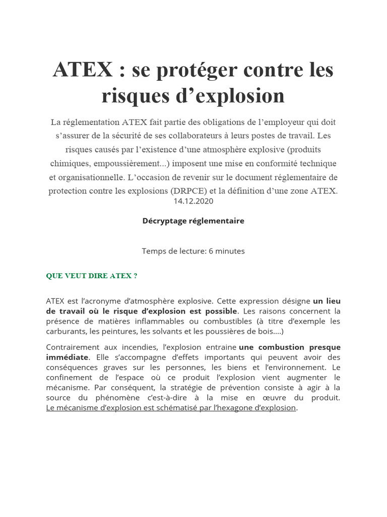 ATEX ATEX Se Protéger Contre Les Risques D'explosion | PDF
