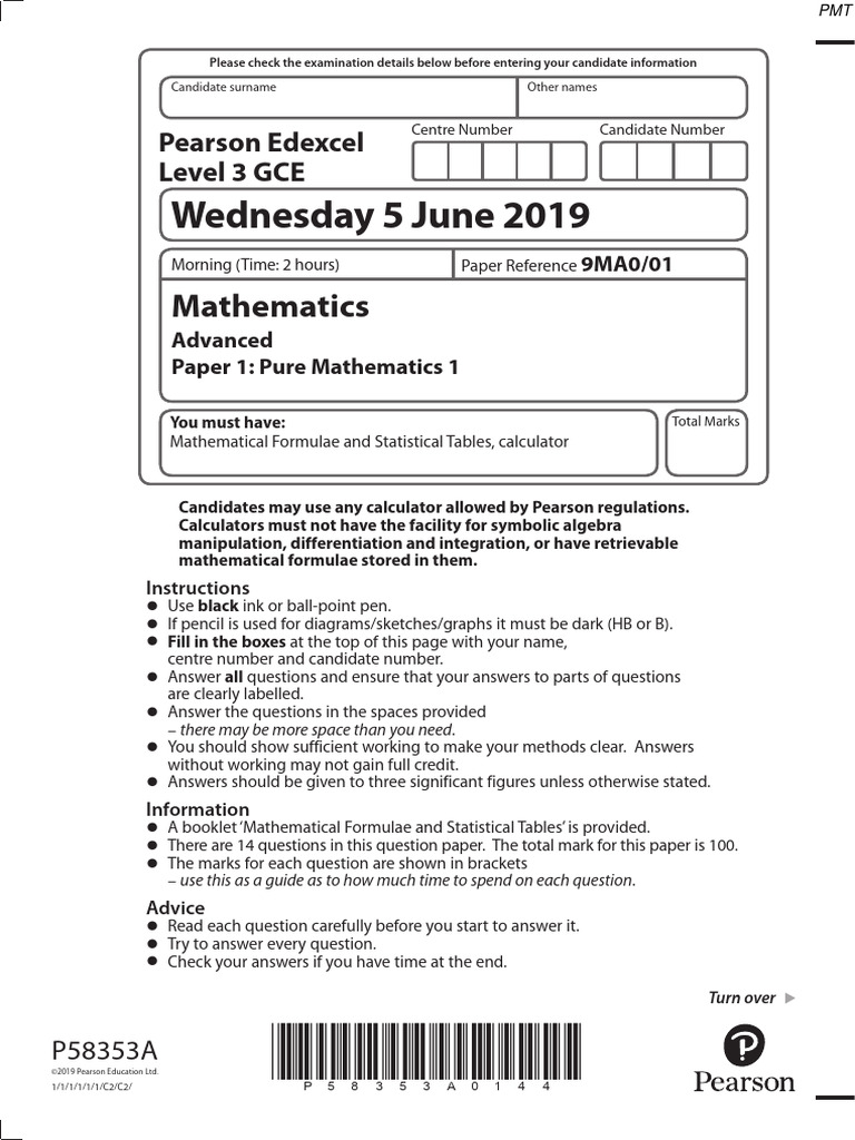 June 2019 QP - Paper 1 Edexcel Maths A-Level | PDF