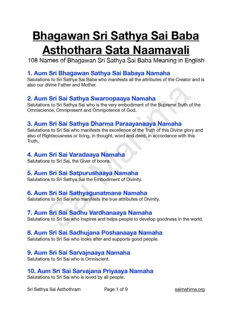 Sri Sathya Sai Ashtothram | PDF