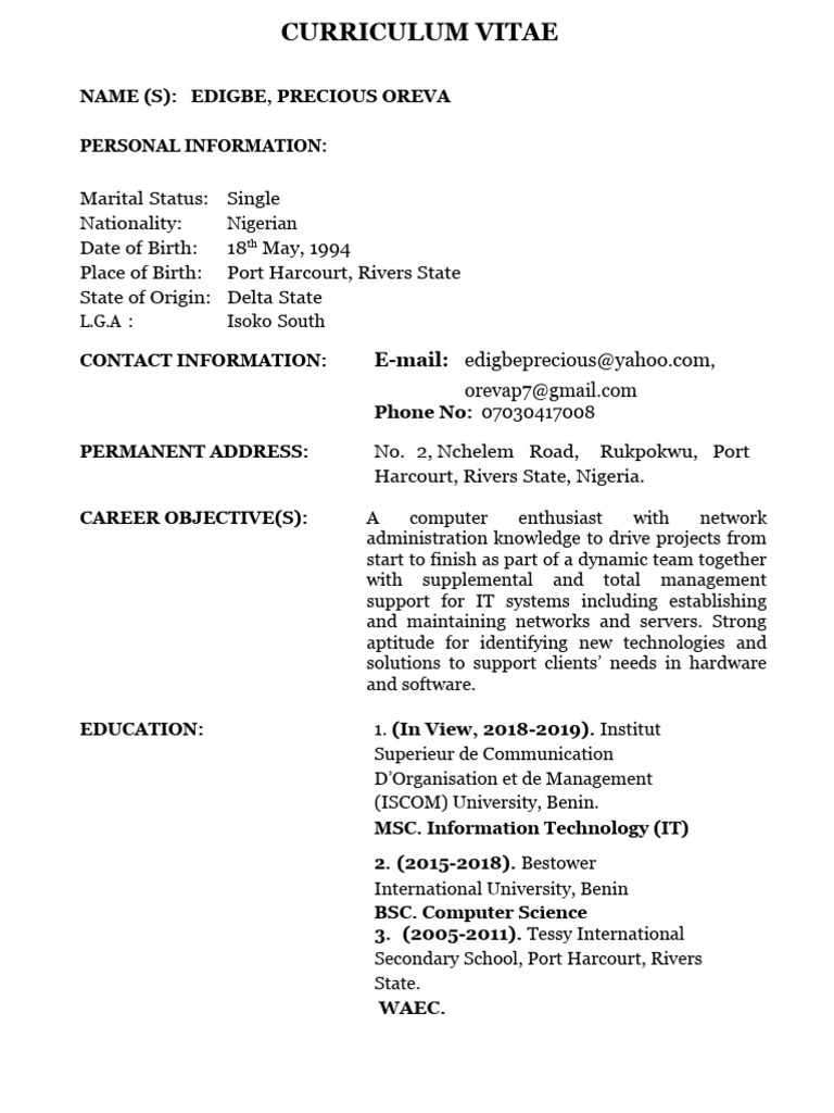 Curriculum Vitae Precious | PDF