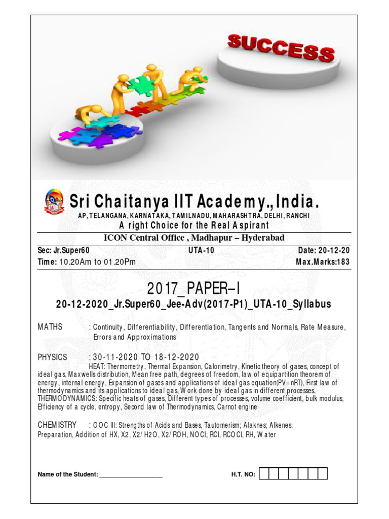 20-12-2020 - JR - Super60 (In Com) - Jee-Adv (2017-P1) - UTA-10 - Question Paper | PDF | Gases ...