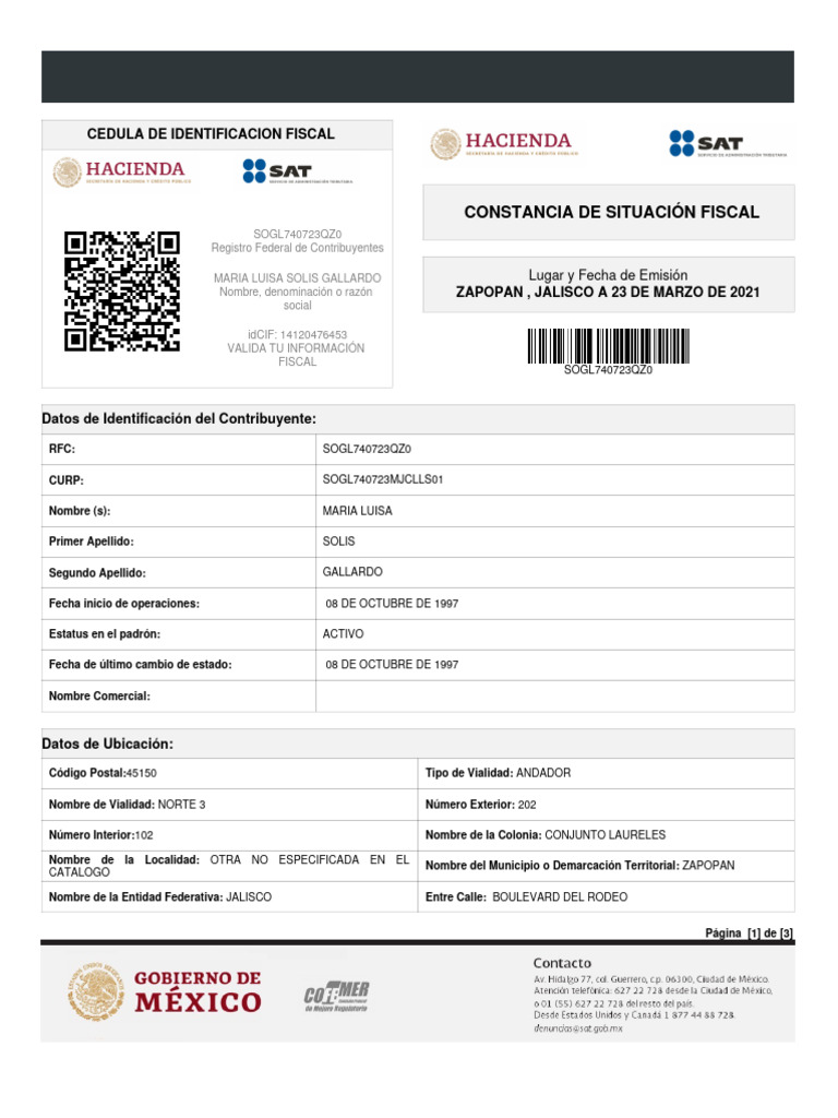 Constancia de Situación Fiscal Ma. Luisa Solis Gallardo 23-03-2021 | PDF