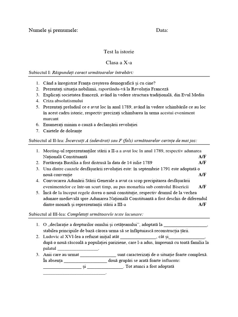 TEST ISTORIE CLASA A X-A | PDF