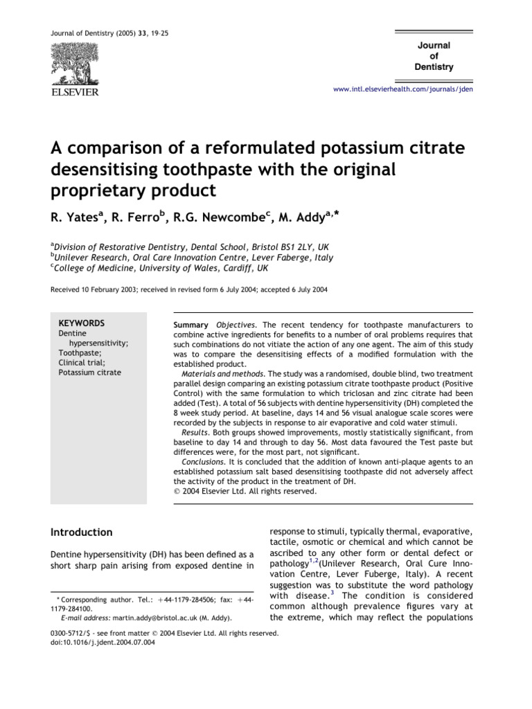 A Comparisson of A Reformulated Potassium Citrate Desensitising ...