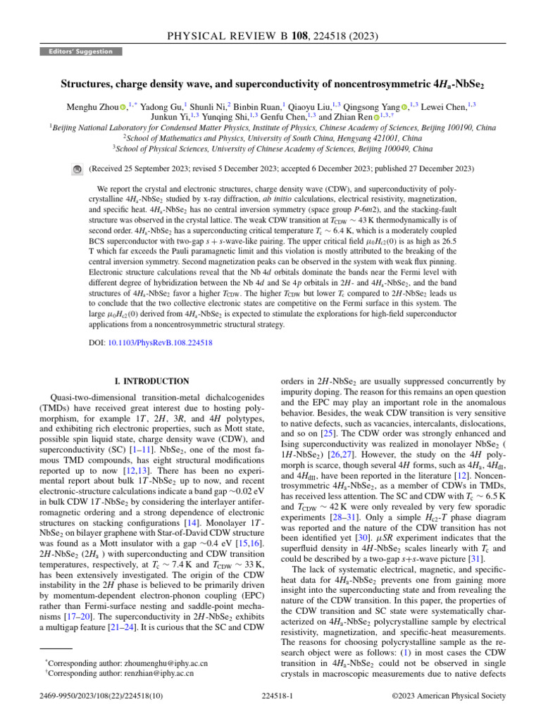 Structures Charge Density Wave And Superconductivity Of Noncentrosymmetric 4ha Nbse2 Zhou