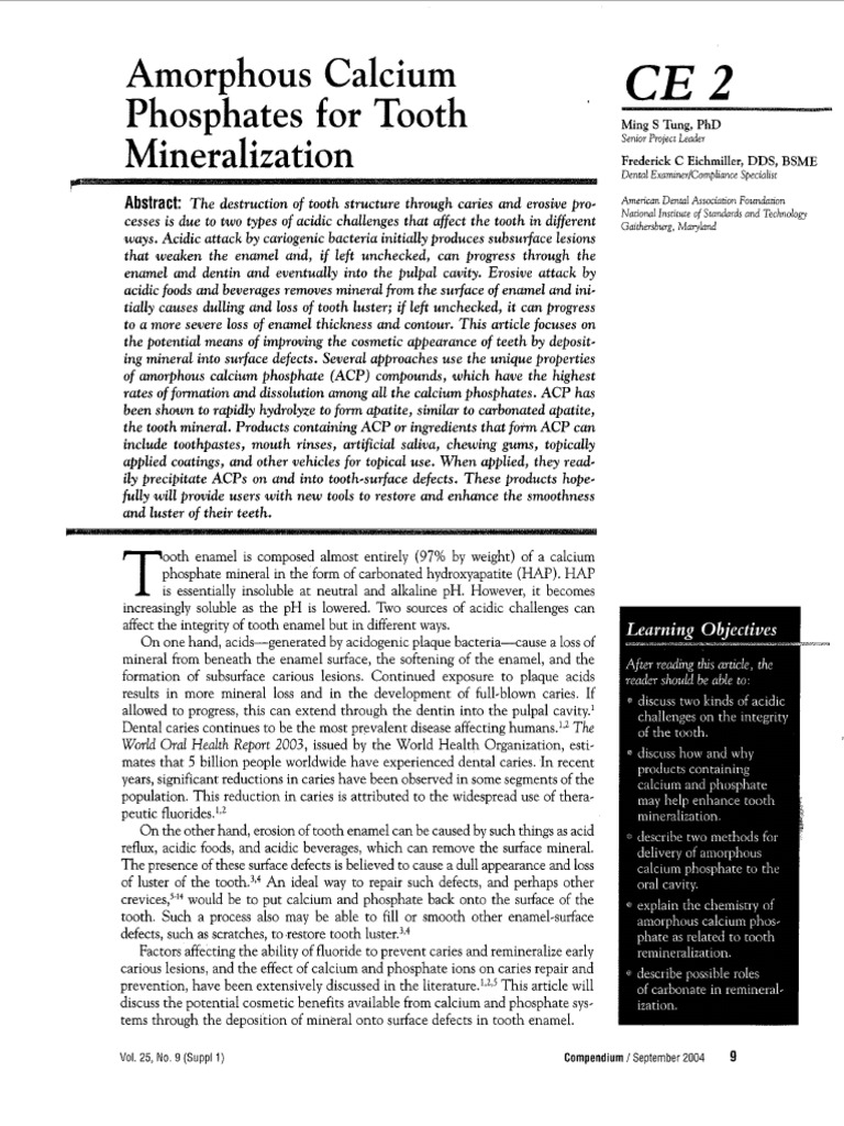Amorphous Calcium Phosphate For Tooth Remineralization Tung, 2004 | PDF
