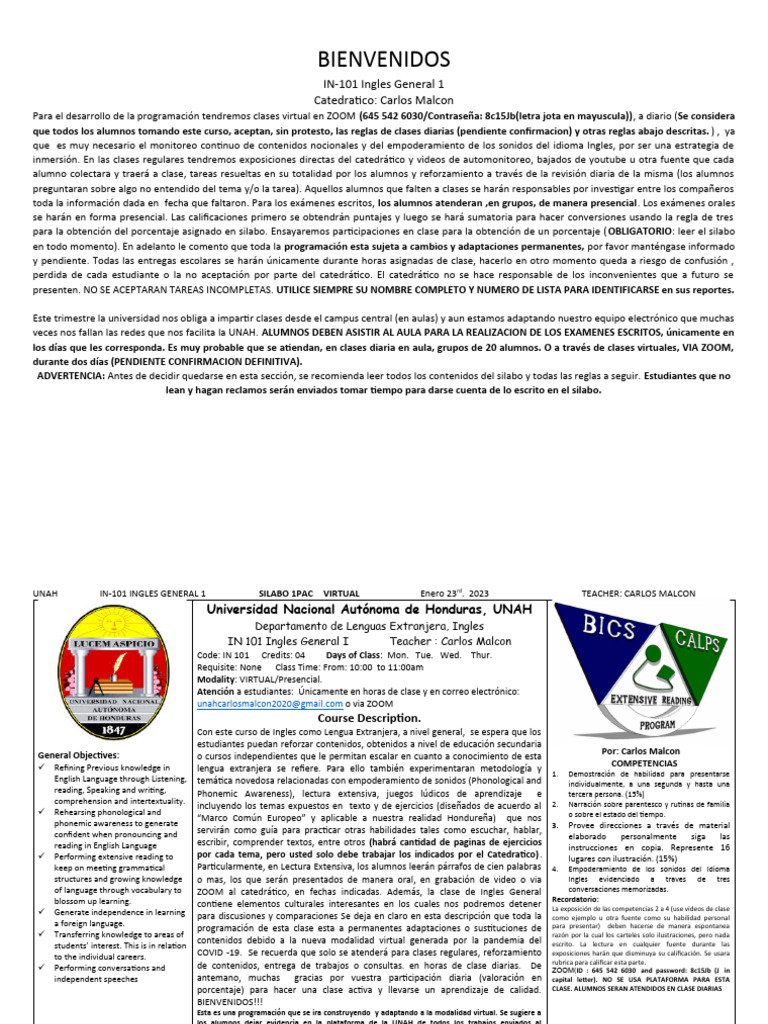 UNAH SYLLABUS-1PAC-2023 Ingles General 1 - VIRTUAL. Prof. Carlos Malcon ...