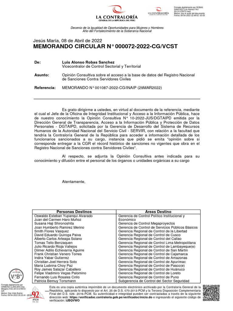 MEMORANDO CIRCULAR-000072-2022-VCST - Opinión Consultiva Sobre El Acceso A La Base de Datos Del ...