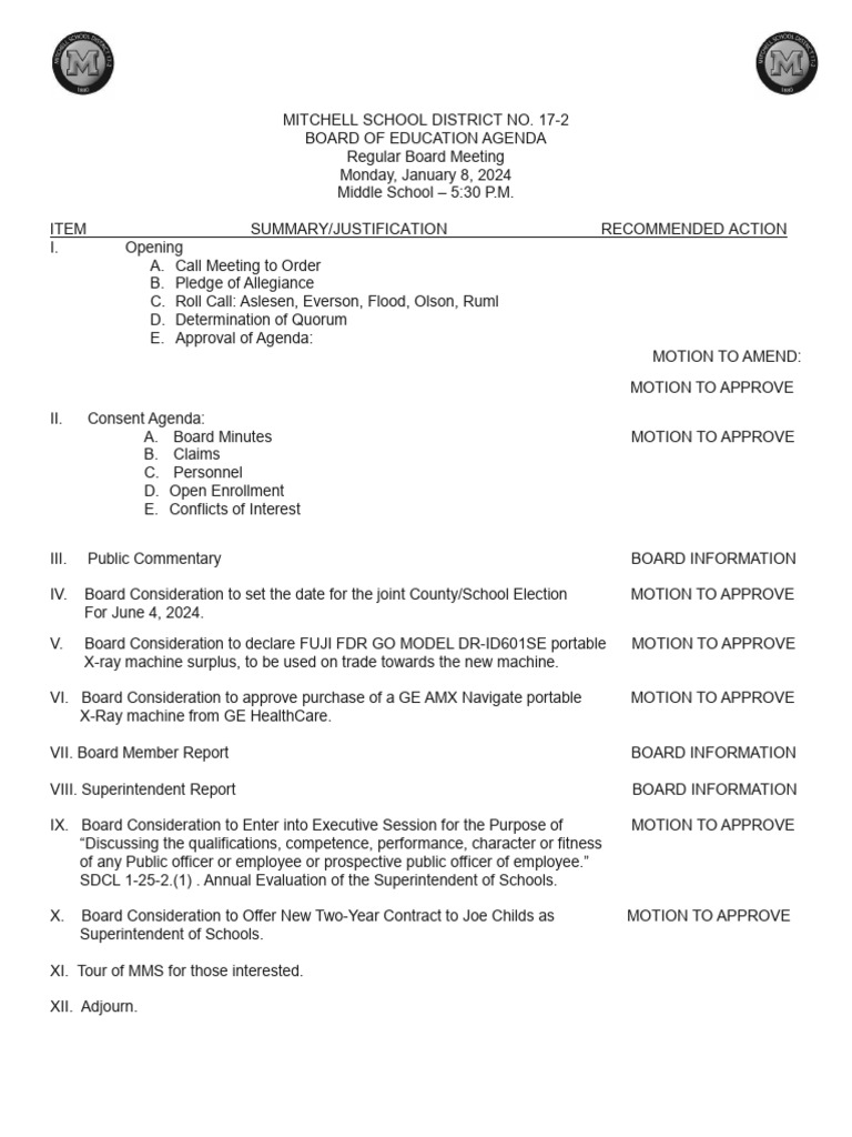 Jan 8 2023 Mitchell Board Of Education Meeting Agenda Pdf