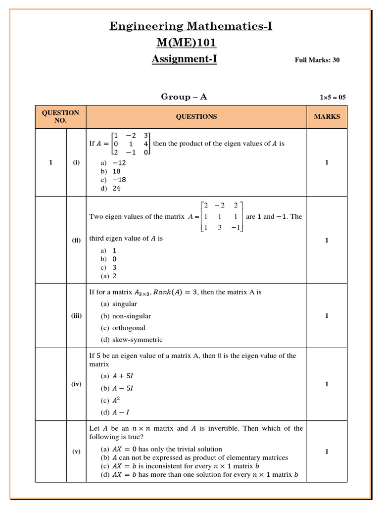 M (Me) 101 Assignment-I 2023-2024 | PDF