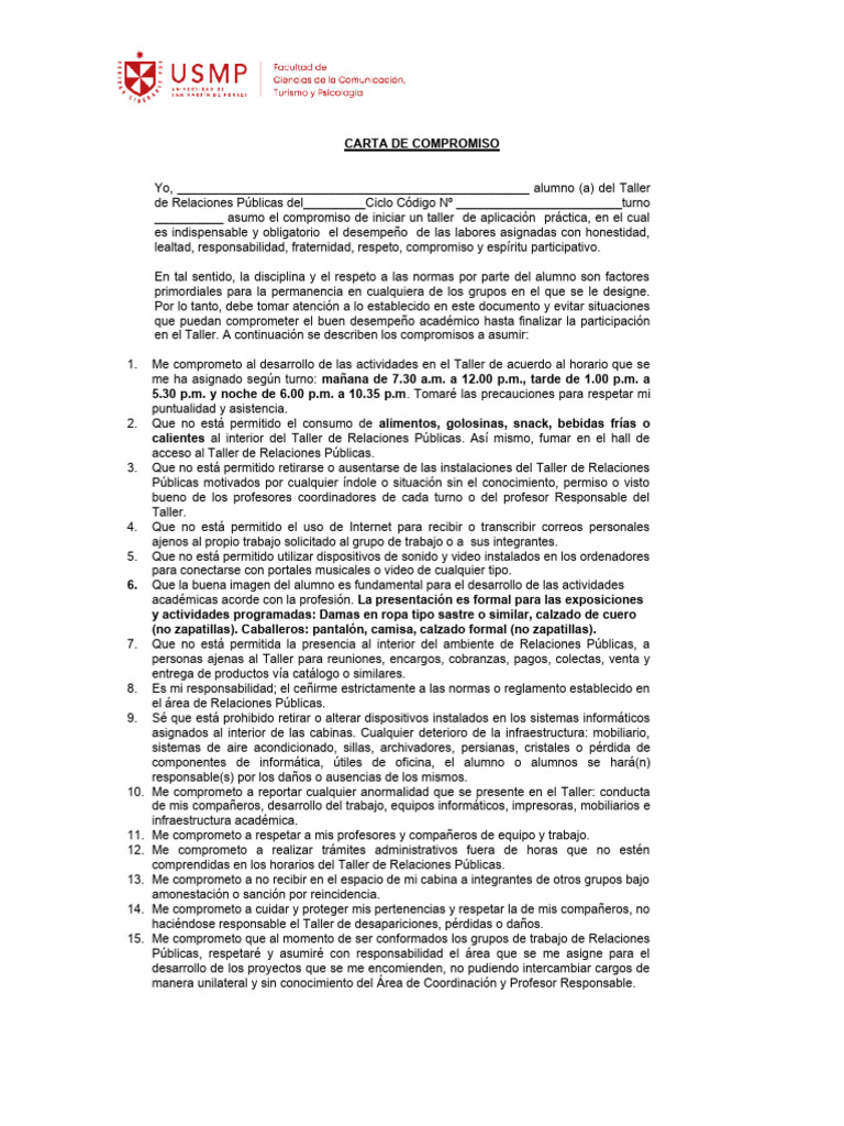 Carta de Compromiso-Reglamento de Talleres RRPP | PDF