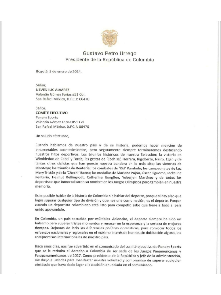 "Manifestamos Voluntad para Superar Los Obstáculos": Petro A Panam Sports | PDF