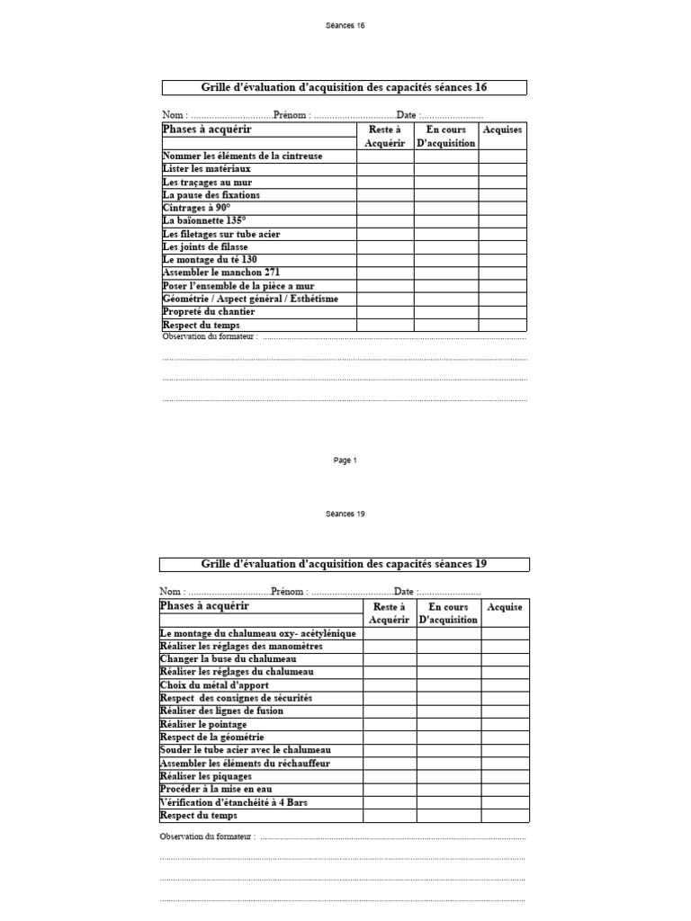 Grilles D'évaluation S16 - S 19 - S 68 | PDF