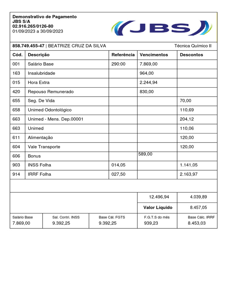 Contracheque Mes 09 JBS | PDF