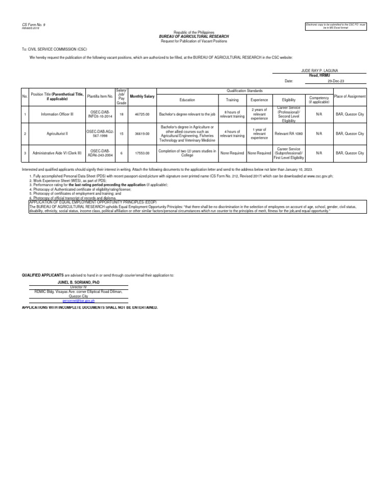 BAR - Publication Hiring Plantilla Positions (12.29.23) | PDF