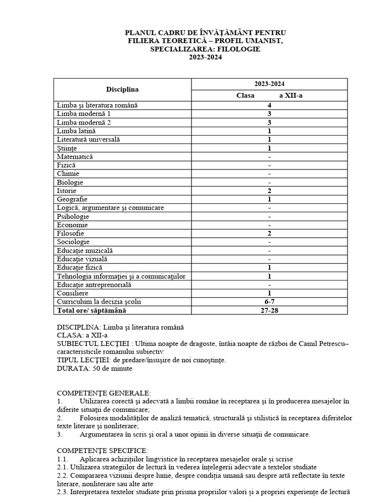 Plan Cadru-Clasa Xii - Popa Aura Brigitte | PDF