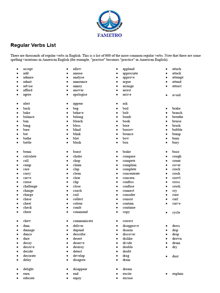 Regular Verbs List | PDF