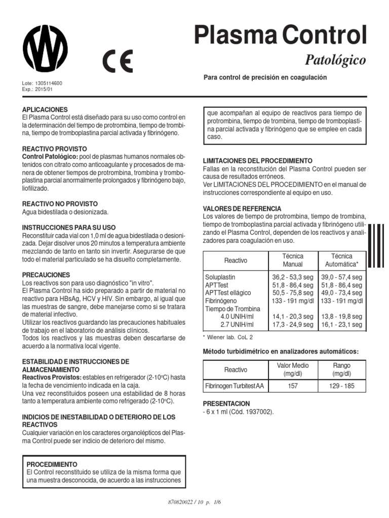 Plasma Control (Patológico) | PDF | Coagulación | Histología