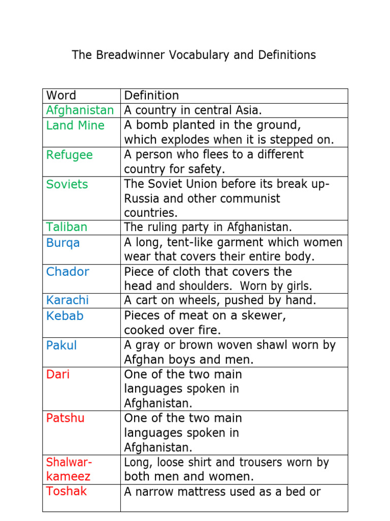 The Breadwinner Vocabulary Words and Definitions | PDF