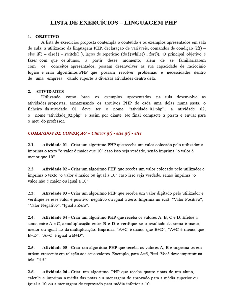 Lista de Exercircios PHP | PDF