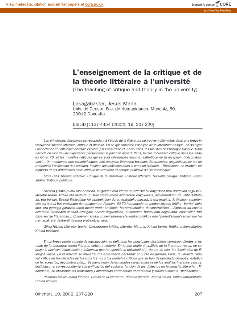 L'enseignement de La Critique Et de La The Orie Litte Raire A ' L'universite | PDF