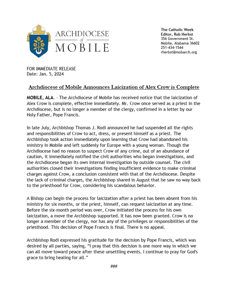 Archdiocese of Mobile Announces Laicization of Alex Crow Is Complete | PDF