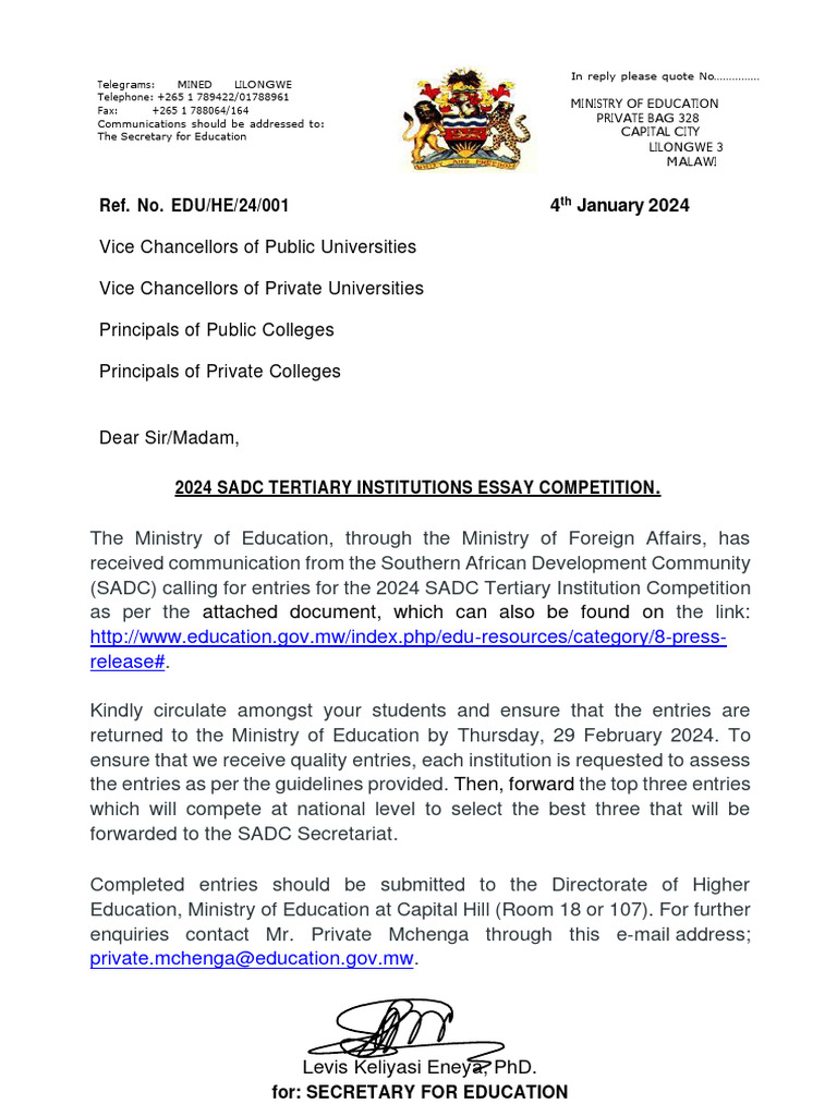 Letter To Universities and Colleges On 2024 Sadc Tertiary Essay ... Letter To Universities and Colleges On 2024 Sadc Tertiary Essay ...