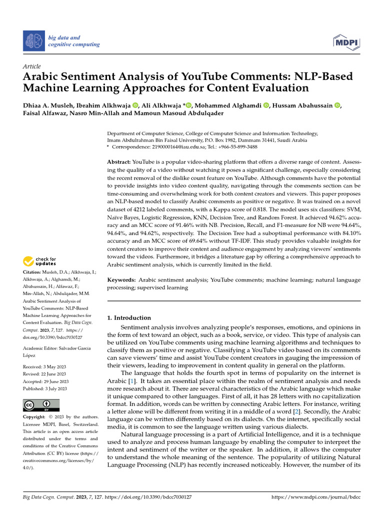 Arabic Sentiment Analysis of YouTube Comments NLP-Based Machine Learning | PDF | Deep Learning ...