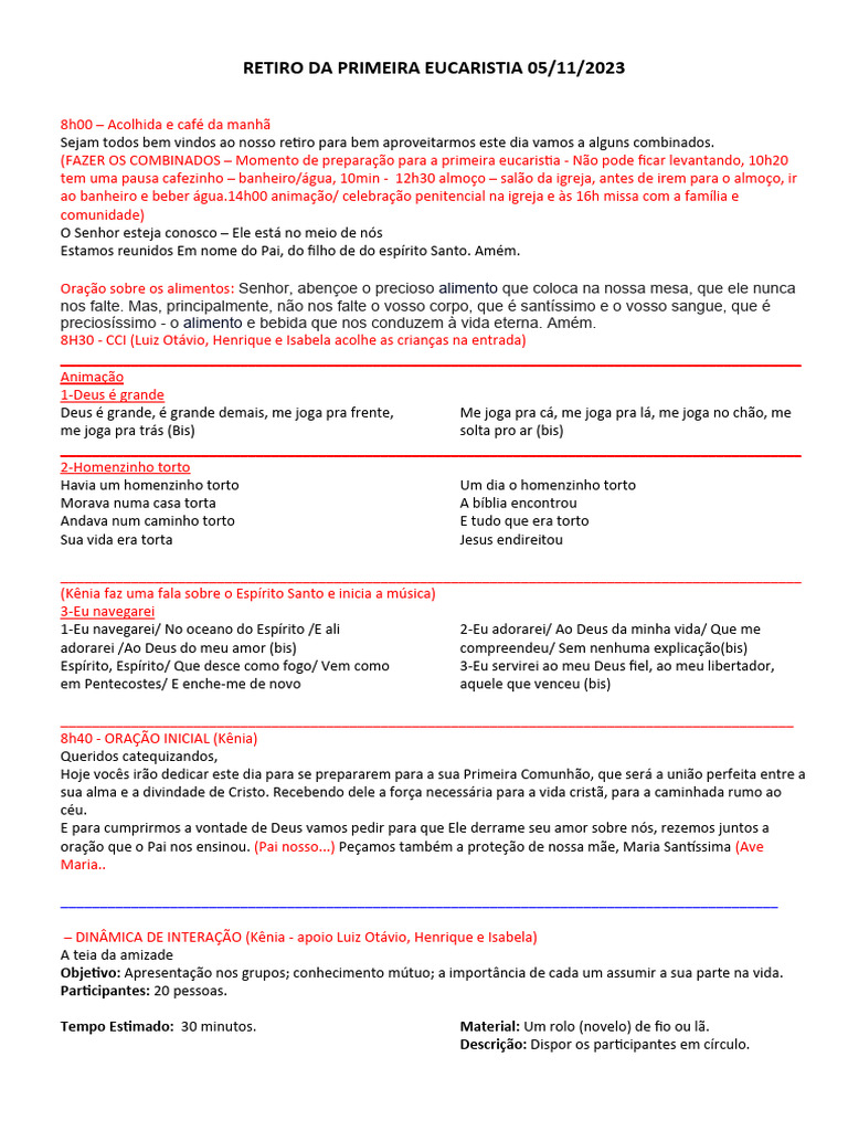 Roteiro do Retiro da Primeira Eucaristia | PDF | Estudos de Línguas Estrangeiras | Casa e Jardim