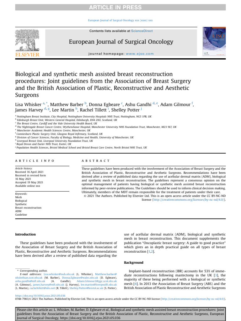 Biological and synthetic mesh assisted breast reconstruction procedures ...