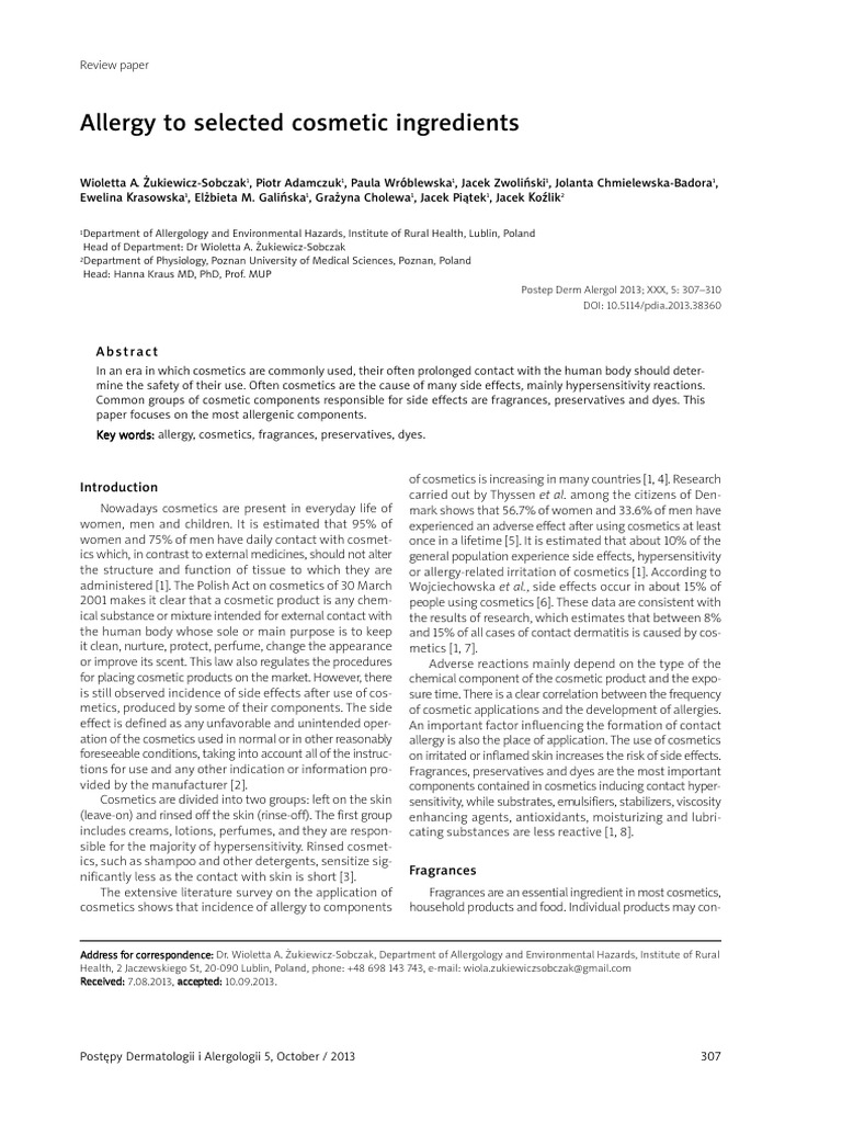 Allergy To Selected Cosmetic Ingredients | PDF