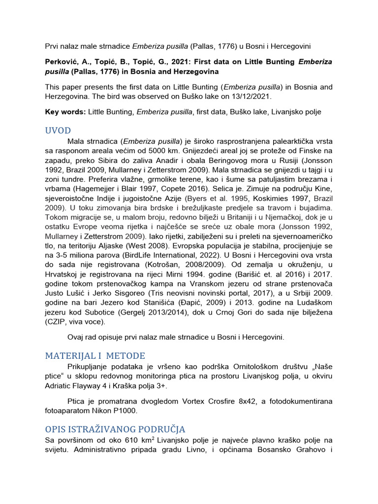 Prvi Nalaz Male Strnadice Emberiza Pusilla - Biljana | PDF