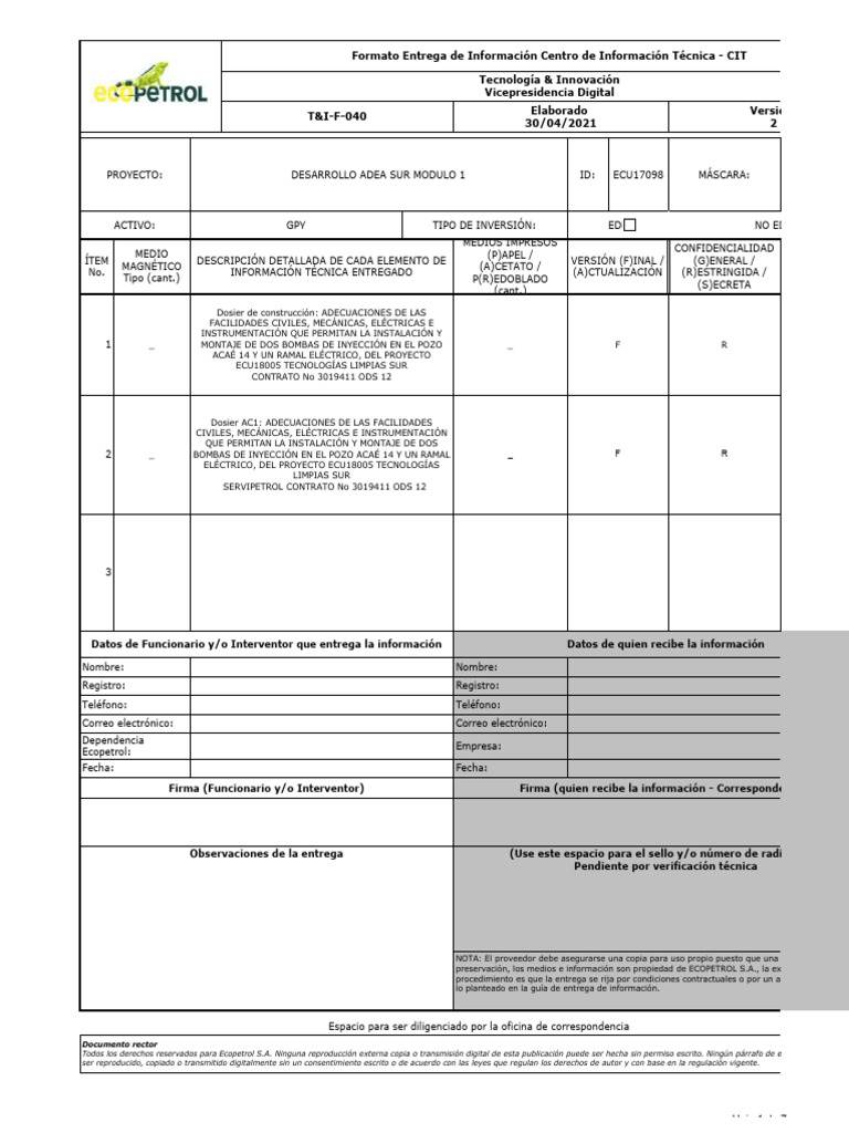 T&I-F-040 Formato Entrega de Información Centro de Información Técnica - CIT 30-04-2021 V-2 1 ...
