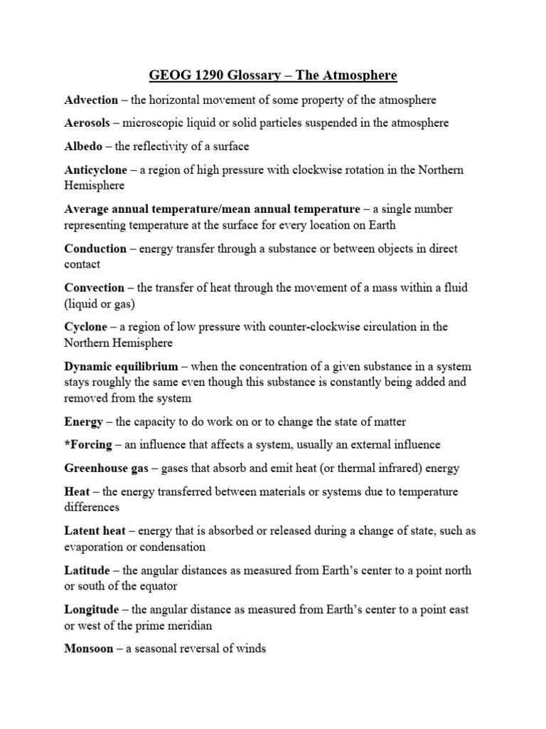 GEOG 1290 Glossary - The Atmosphere | PDF