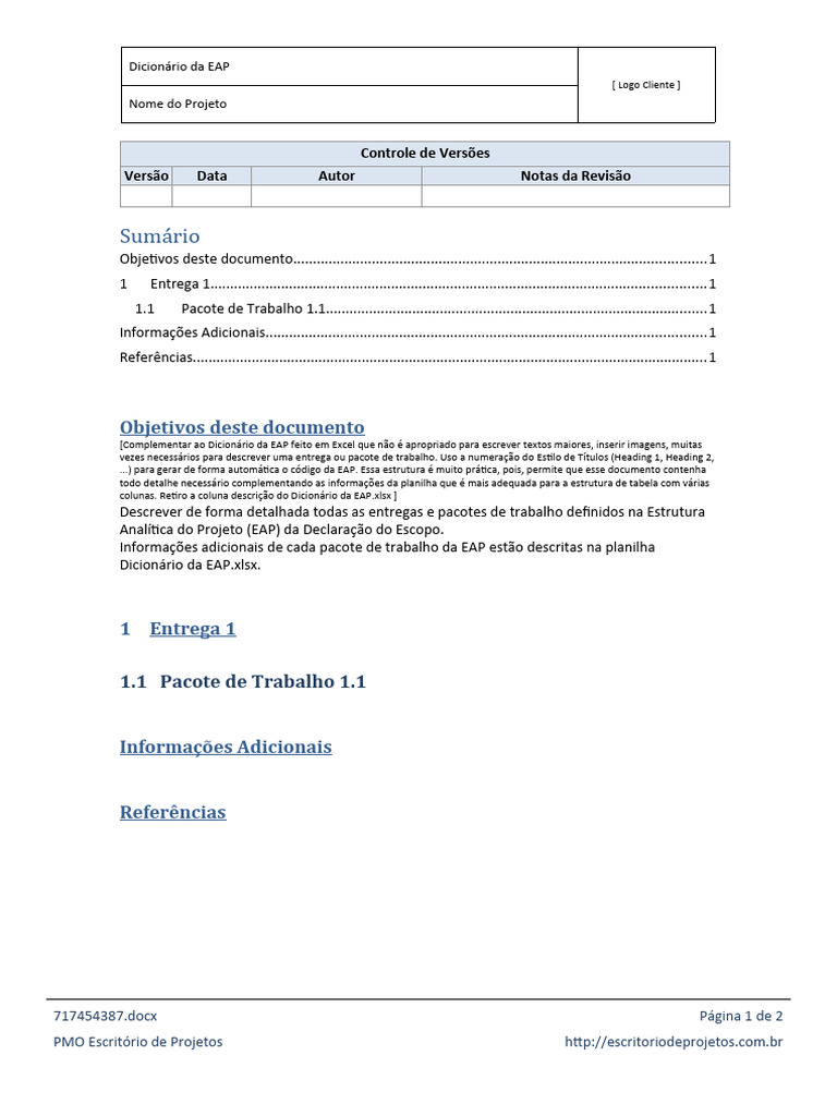 Dicionário Da EAP - Complementar A Planilha | PDF