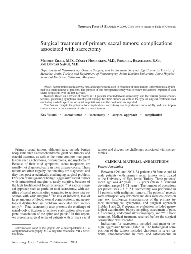 (10920684 - Neurosurgical Focus) Surgical Treatment of Primary Sacral Tumors - Complications ...
