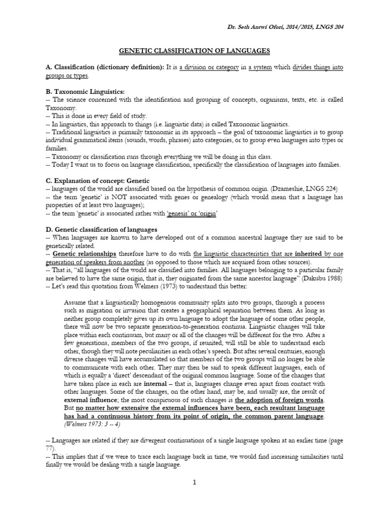 3 0 On The Genetic Classification of Languages From General To Mande ...