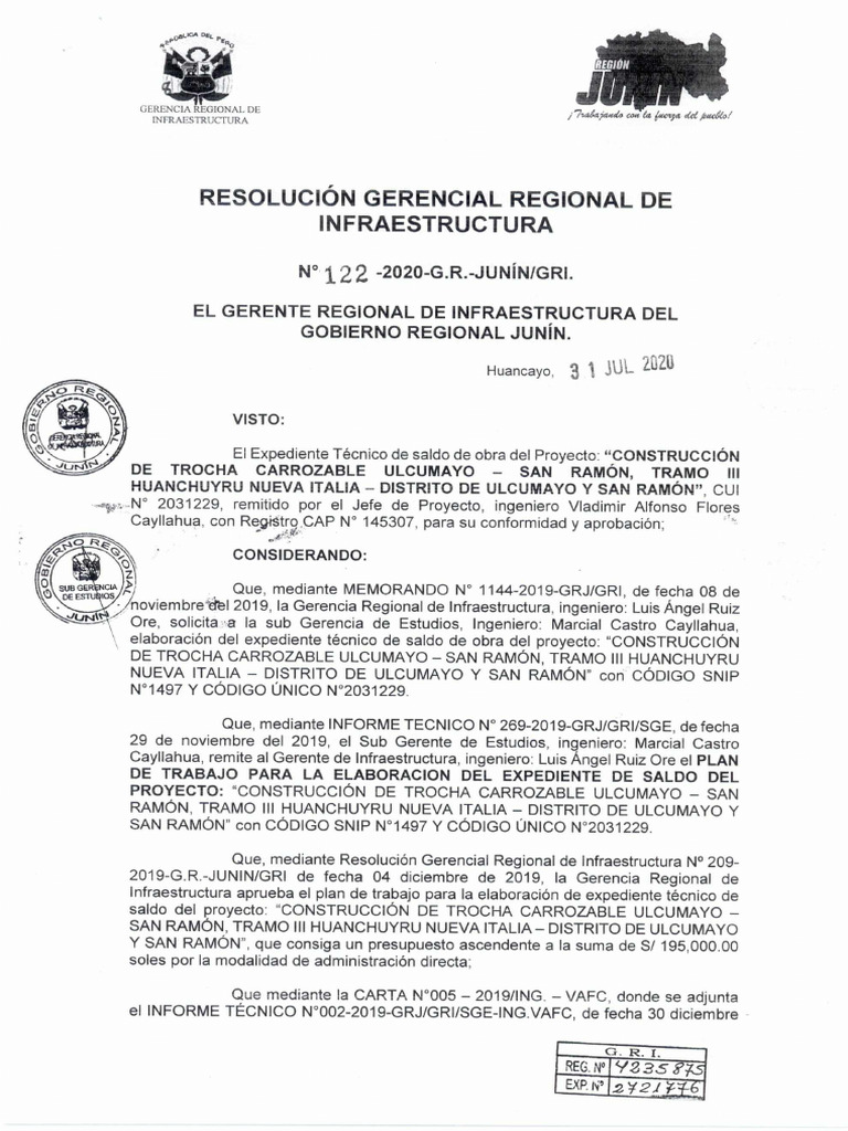Resoluci N Gerencial Regional de Infraestructura N 122-2020-GR-JUNIN GRI | PDF