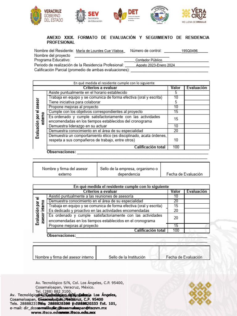 2.-ANEXO XXIX. FORMATO DE EVALUACIÓN Y SEGUIMIENTO DE RESIDENCIA PROFESIONAL | PDF