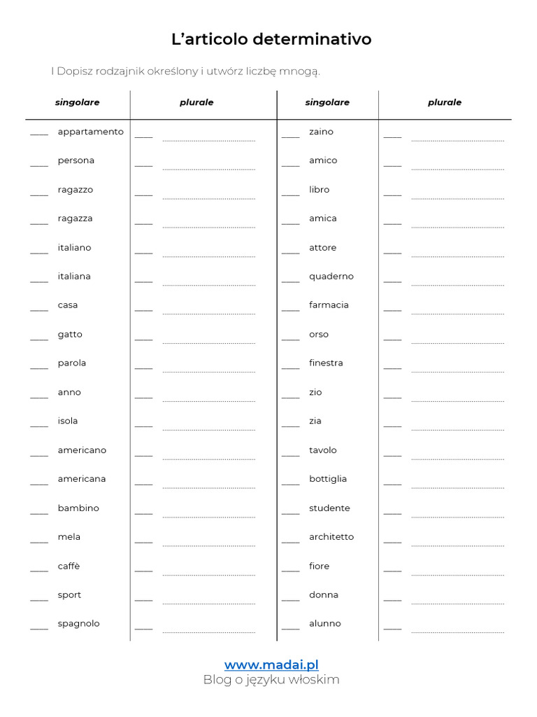Articolo Determinativo Ćwiczenia | PDF