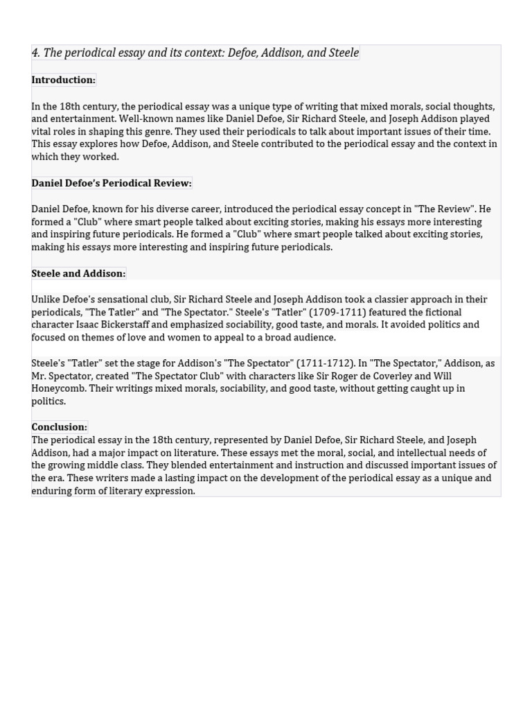 4. The periodical essay and its context- Defoe, Addison, and Steele | PDF