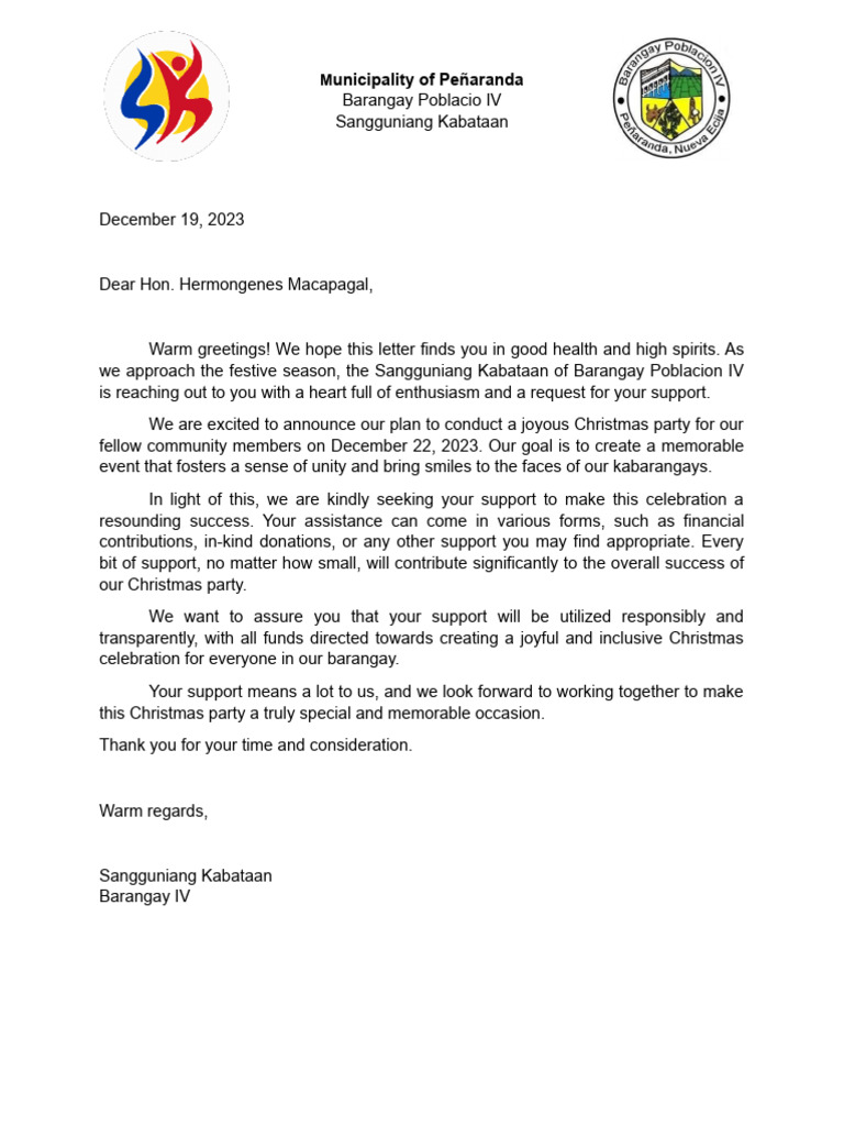 Solicitation Letter for Hon. Hermongenes Macapagal | PDF